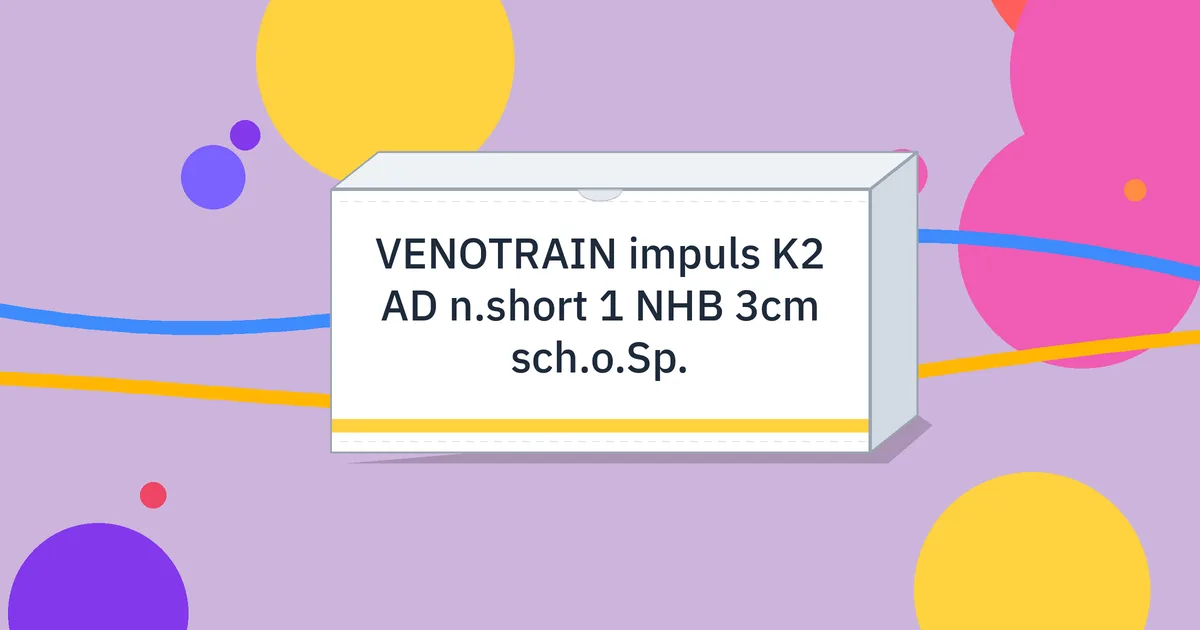 Symbolbild: Packung mit der Aufschrift VENOTRAIN impuls K2 AD n.short 1 NHB 3cm sch.o.Sp. (PZN 00652464) – Verfügbarkeit und Bezug in Apotheken in Frankfurt am Main