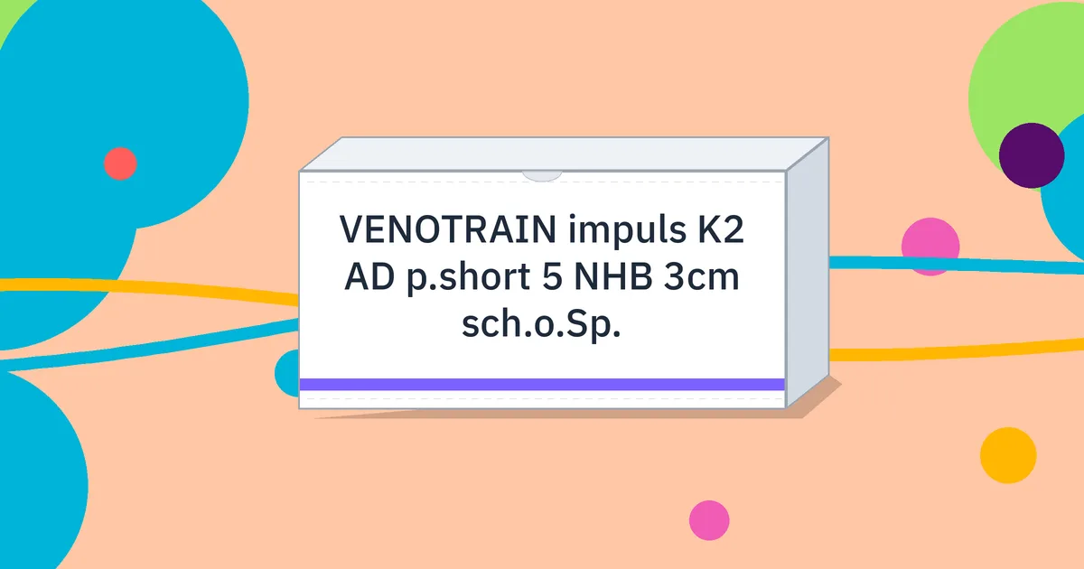 Symbolbild: Packung mit der Aufschrift VENOTRAIN impuls K2 AD p.short 5 NHB 3cm sch.o.Sp. (PZN 00656663) – Verfügbarkeit und Bezug in Apotheken in Frankfurt am Main