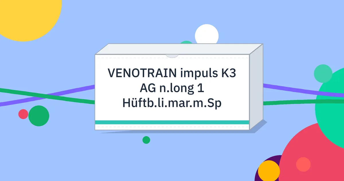 Symbolbild: Packung mit der Aufschrift VENOTRAIN impuls K3 AG n.long 1 Hüftb.li.mar.m.Sp (PZN 15219980) – Verfügbarkeit und Bezug in Apotheken in Frankfurt am Main