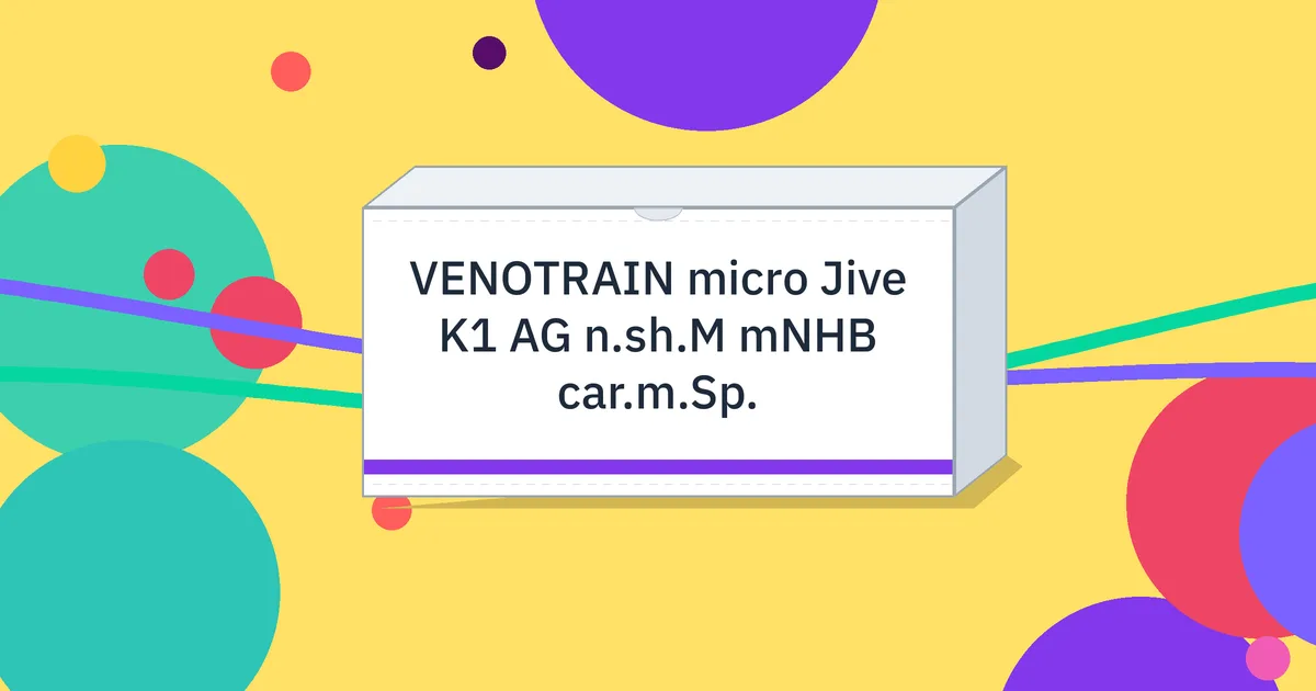 Symbolbild: Packung mit der Aufschrift VENOTRAIN micro Jive K1 AG n.sh.M mNHB car.m.Sp. (PZN 17758617) – Verfügbarkeit und Bezug in Apotheken in Frankfurt am Main