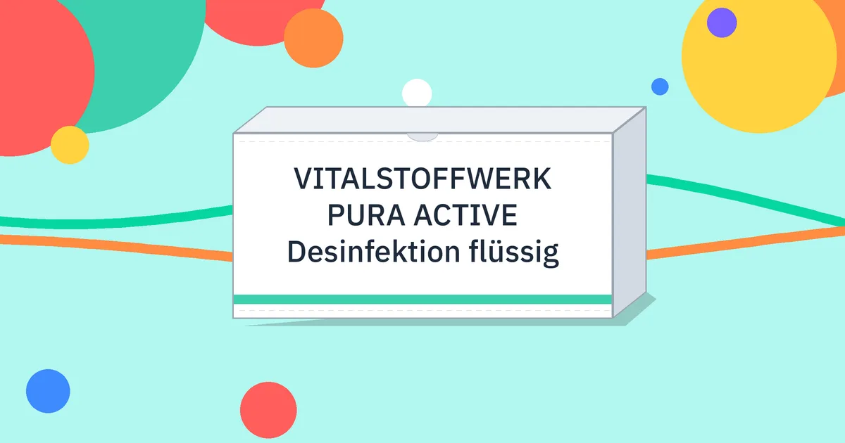 Symbolbild: Packung mit der Aufschrift VITALSTOFFWERK PURA ACTIVE Desinfektion flüssig (PZN 19162857) – Verfügbarkeit und Bezug in Apotheken in Frankfurt am Main