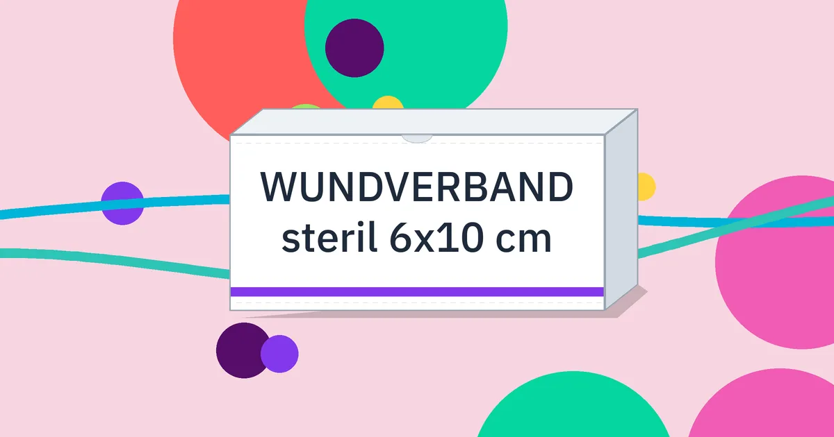 Symbolbild: Packung mit der Aufschrift WUNDVERBAND steril 6x10 cm (PZN 19813562) – Verfügbarkeit und Bezug in Apotheken in Frankfurt am Main
