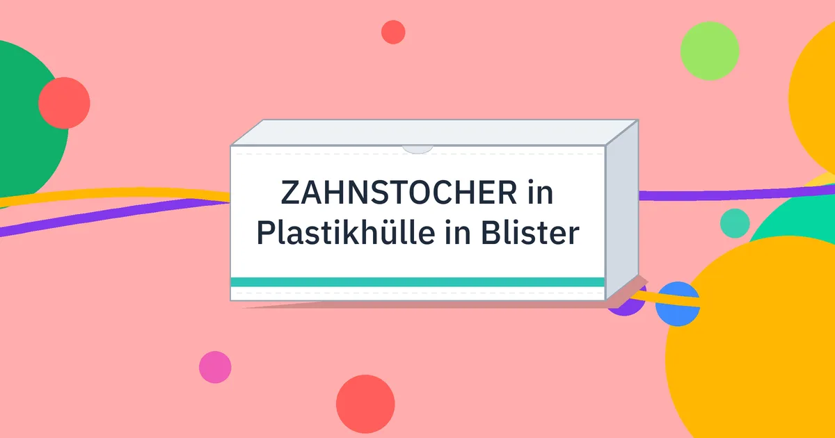 Symbolbild: Packung mit der Aufschrift ZAHNSTOCHER in Plastikhülle in Blister (PZN 18155401) – Verfügbarkeit und Bezug in Apotheken in Frankfurt am Main