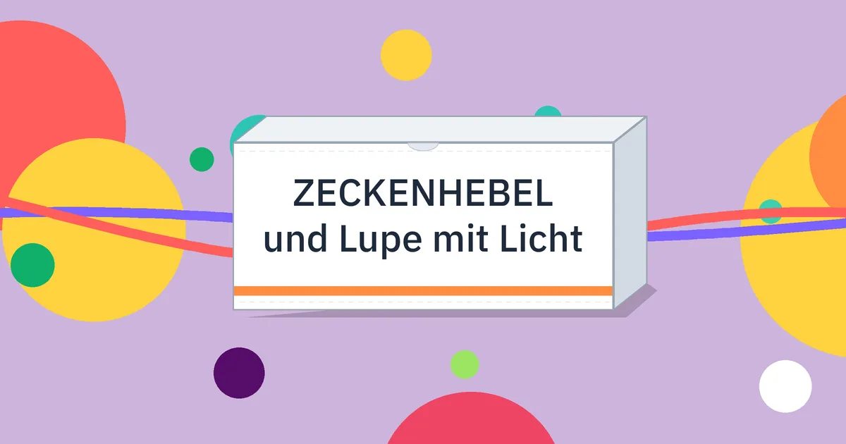 Symbolbild: Packung mit der Aufschrift ZECKENHEBEL und Lupe mit Licht (PZN 11182286) – Verfügbarkeit und Bezug in Apotheken in Frankfurt am Main