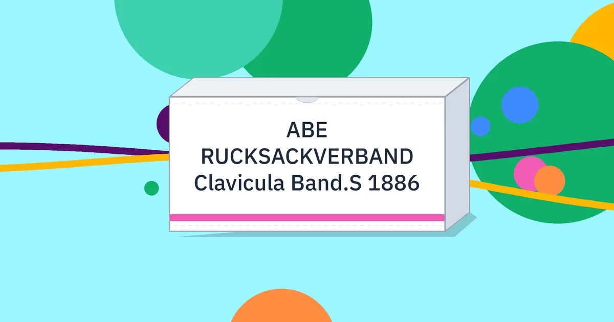 Symbolbild: Packung mit der Aufschrift ABE RUCKSACKVERBAND Clavicula Band.S 1886 (PZN 01363489) – Verfügbarkeit und Bezug in Apotheken in Frankfurt am Main