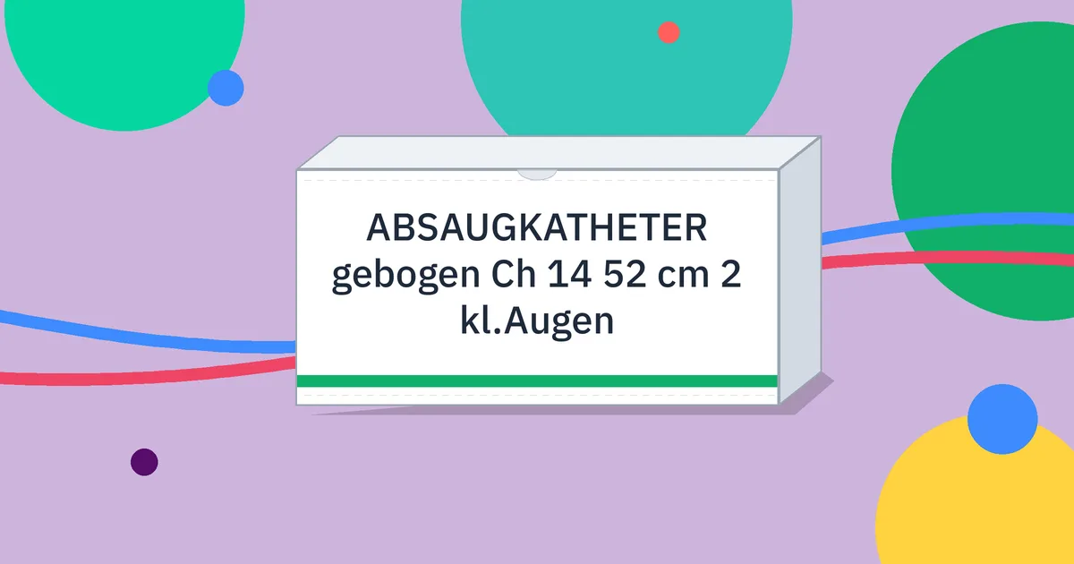 Symbolbild: Packung mit der Aufschrift ABSAUGKATHETER gebogen Ch 14 52 cm 2 kl.Augen (PZN 02099623) – Verfügbarkeit und Bezug in Apotheken in Frankfurt am Main