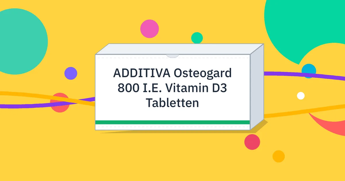 Symbolbild: Packung mit der Aufschrift ADDITIVA Osteogard 800 I.E. Vitamin D3 Tabletten (PZN 10714806) – Verfügbarkeit und Bezug in Apotheken in Frankfurt am Main