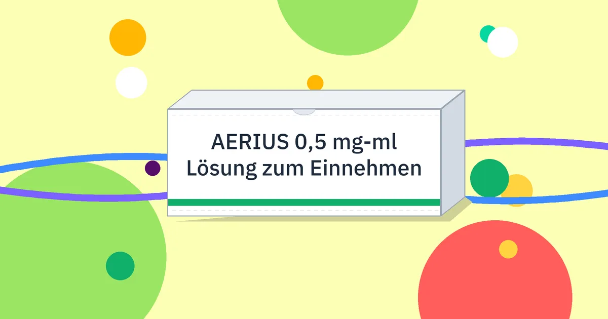 Symbolbild: Packung mit der Aufschrift AERIUS 0,5 mg-ml Lösung zum Einnehmen (PZN 01174009) – Verfügbarkeit und Bezug in Apotheken in Frankfurt am Main