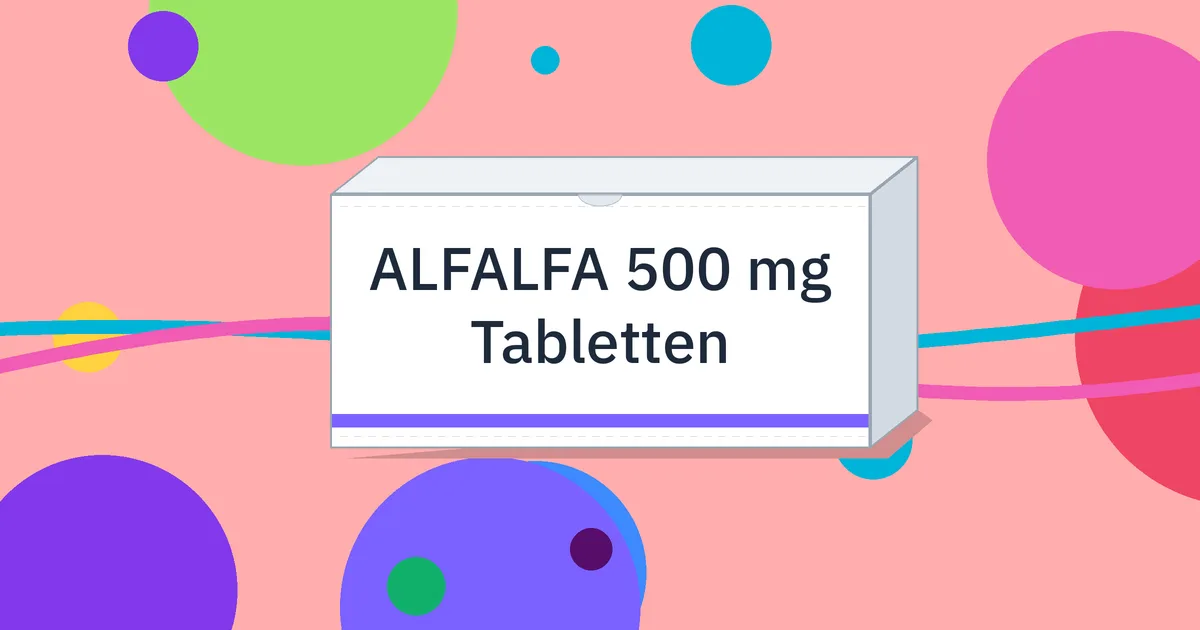 Symbolbild: Packung mit der Aufschrift ALFALFA 500 mg Tabletten (PZN 02018754) – Verfügbarkeit und Bezug in Apotheken in Frankfurt am Main