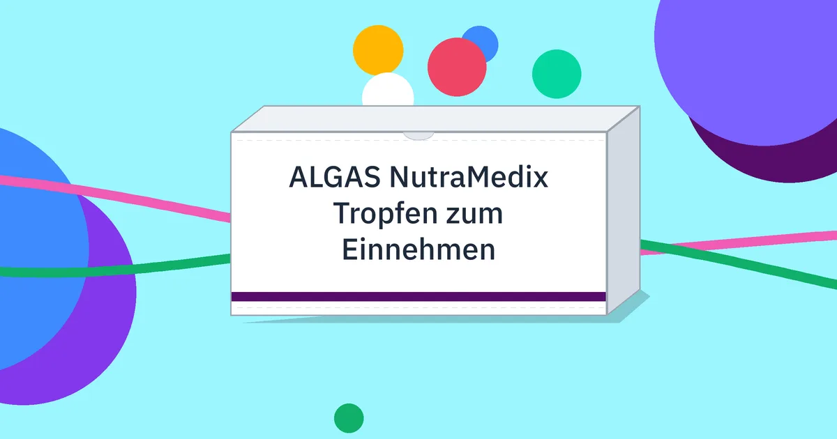 Symbolbild: Packung mit der Aufschrift ALGAS NutraMedix Tropfen zum Einnehmen (PZN 18103344) – Verfügbarkeit und Bezug in Apotheken in Frankfurt am Main