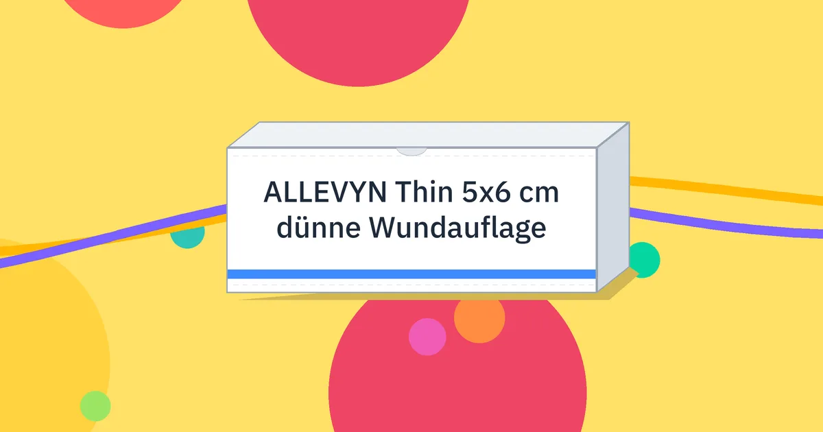 Symbolbild: Packung mit der Aufschrift ALLEVYN Thin 5x6 cm dünne Wundauflage (PZN 09616731) – Verfügbarkeit und Bezug in Apotheken in Frankfurt am Main