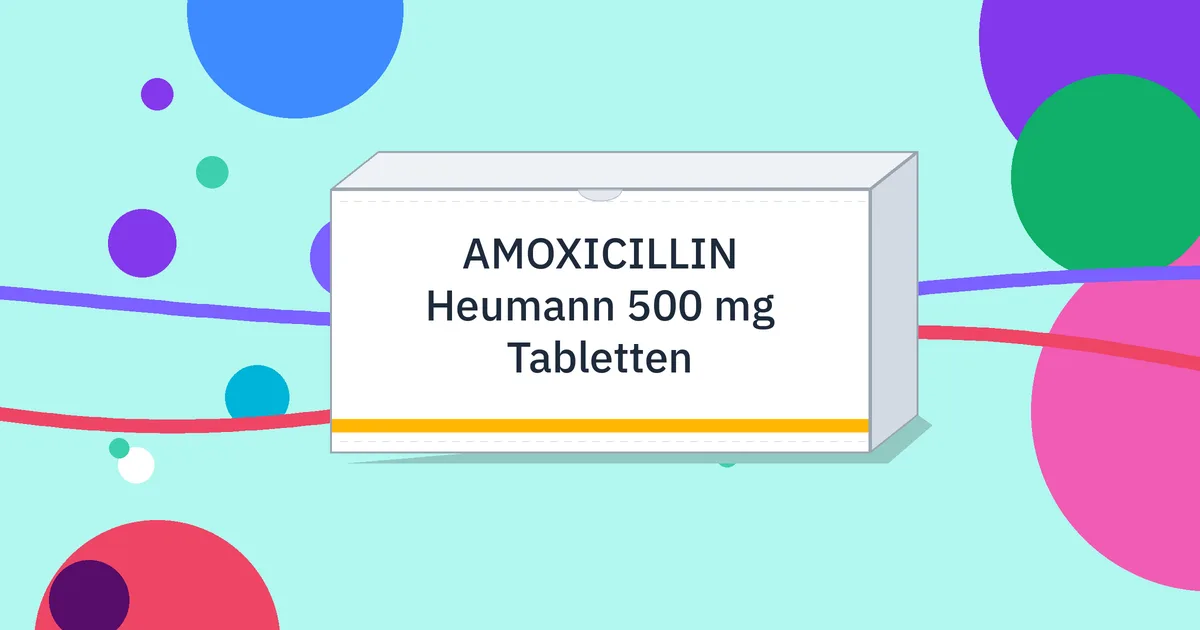 Symbolbild: Packung mit der Aufschrift AMOXICILLIN Heumann 500 mg Tabletten (PZN 17453415) – Verfügbarkeit und Bezug in Apotheken in Frankfurt am Main