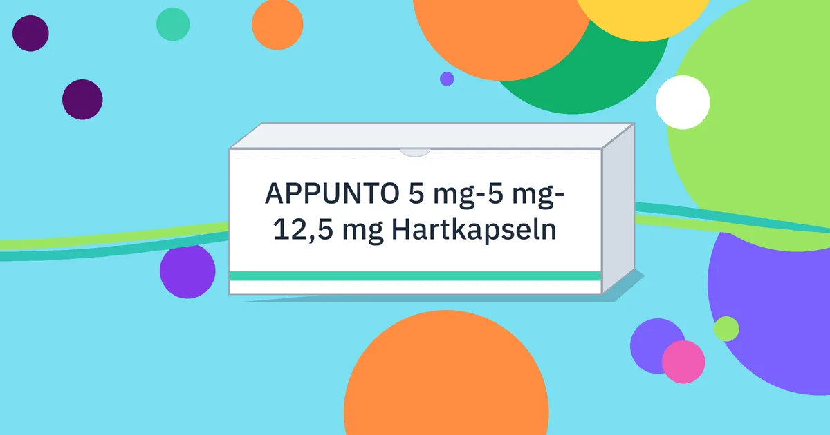Symbolbild: Packung mit der Aufschrift APPUNTO 5 mg-5 mg-12,5 mg Hartkapseln (PZN 14365366) – Verfügbarkeit und Bezug in Apotheken in Frankfurt am Main