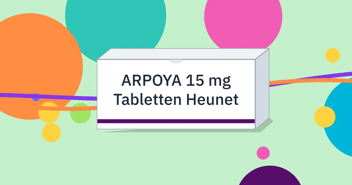 Symbolbild: Packung mit der Aufschrift ARPOYA 15 mg Tabletten Heunet (PZN 13876946) – Verfügbarkeit und Bezug in Apotheken in Frankfurt am Main