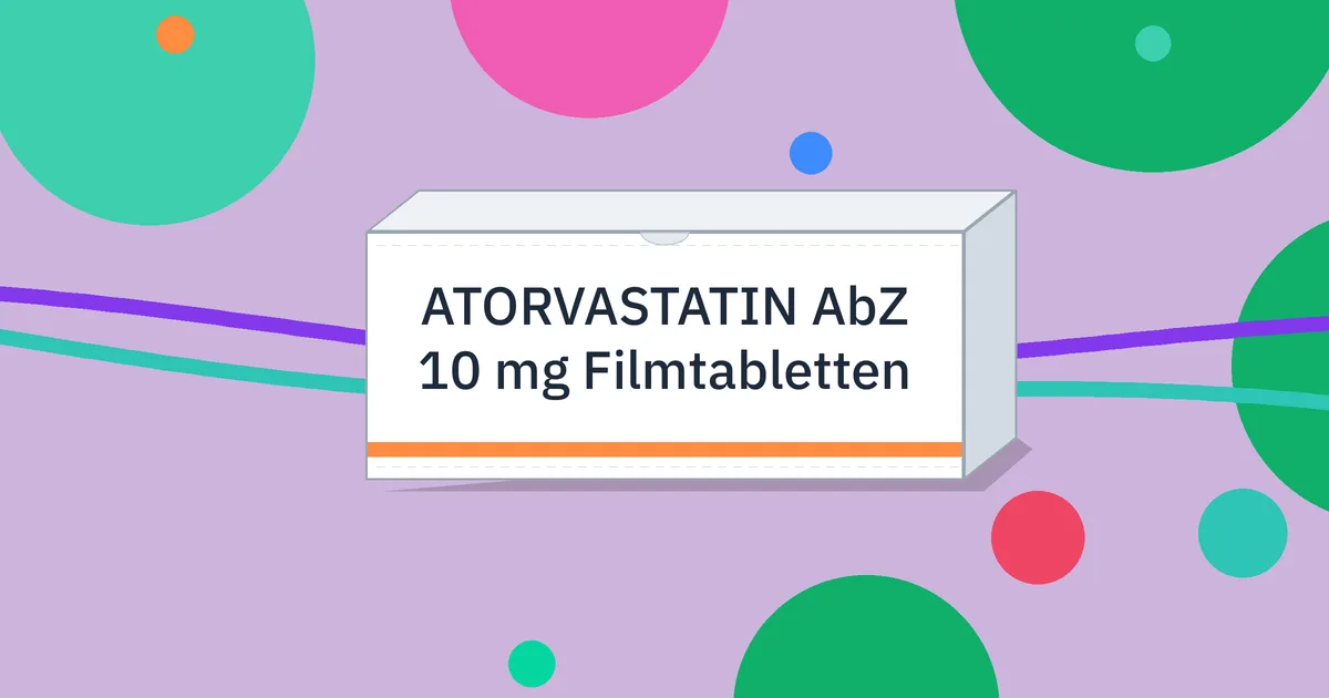 Symbolbild: Packung mit der Aufschrift ATORVASTATIN AbZ 10 mg Filmtabletten (PZN 09374848) – Verfügbarkeit und Bezug in Apotheken in Frankfurt am Main