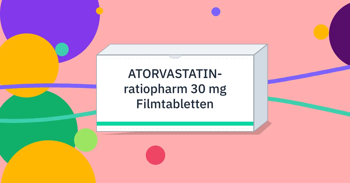 Symbolbild: Packung mit der Aufschrift ATORVASTATIN-ratiopharm 30 mg Filmtabletten (PZN 09292843) – Verfügbarkeit und Bezug in Apotheken in Frankfurt am Main