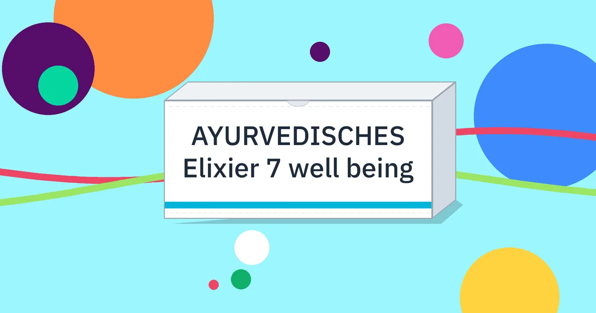 Symbolbild: Packung mit der Aufschrift AYURVEDISCHES Elixier 7 well being (PZN 07252153) – Verfügbarkeit und Bezug in Apotheken in Frankfurt am Main