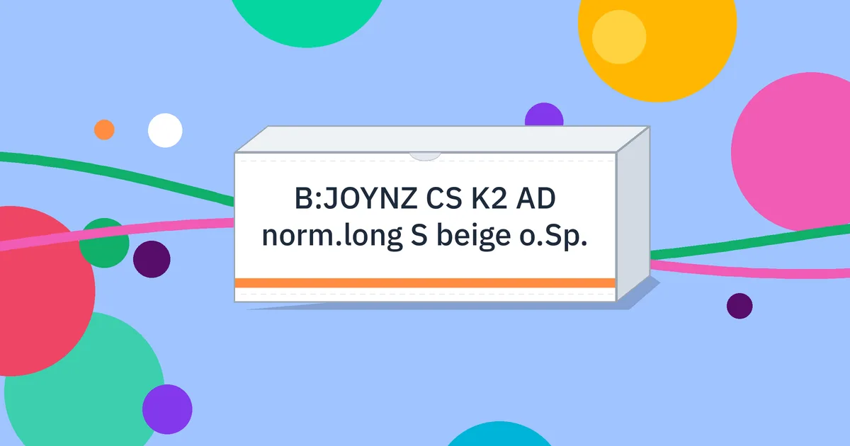 Symbolbild: Packung mit der Aufschrift B:JOYNZ CS K2 AD norm.long S beige o.Sp. (PZN 20525785) – Verfügbarkeit und Bezug in Apotheken in Frankfurt am Main