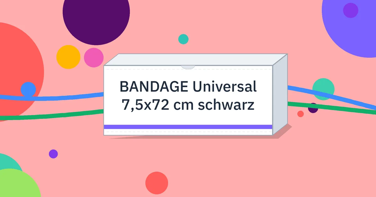 Symbolbild: Packung mit der Aufschrift BANDAGE Universal 7,5x72 cm schwarz (PZN 17876535) – Verfügbarkeit und Bezug in Apotheken in Frankfurt am Main