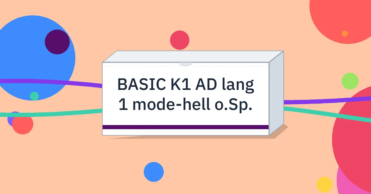 Symbolbild: Packung mit der Aufschrift BASIC K1 AD lang 1 mode-hell o.Sp. (PZN 20256948) – Verfügbarkeit und Bezug in Apotheken in Frankfurt am Main