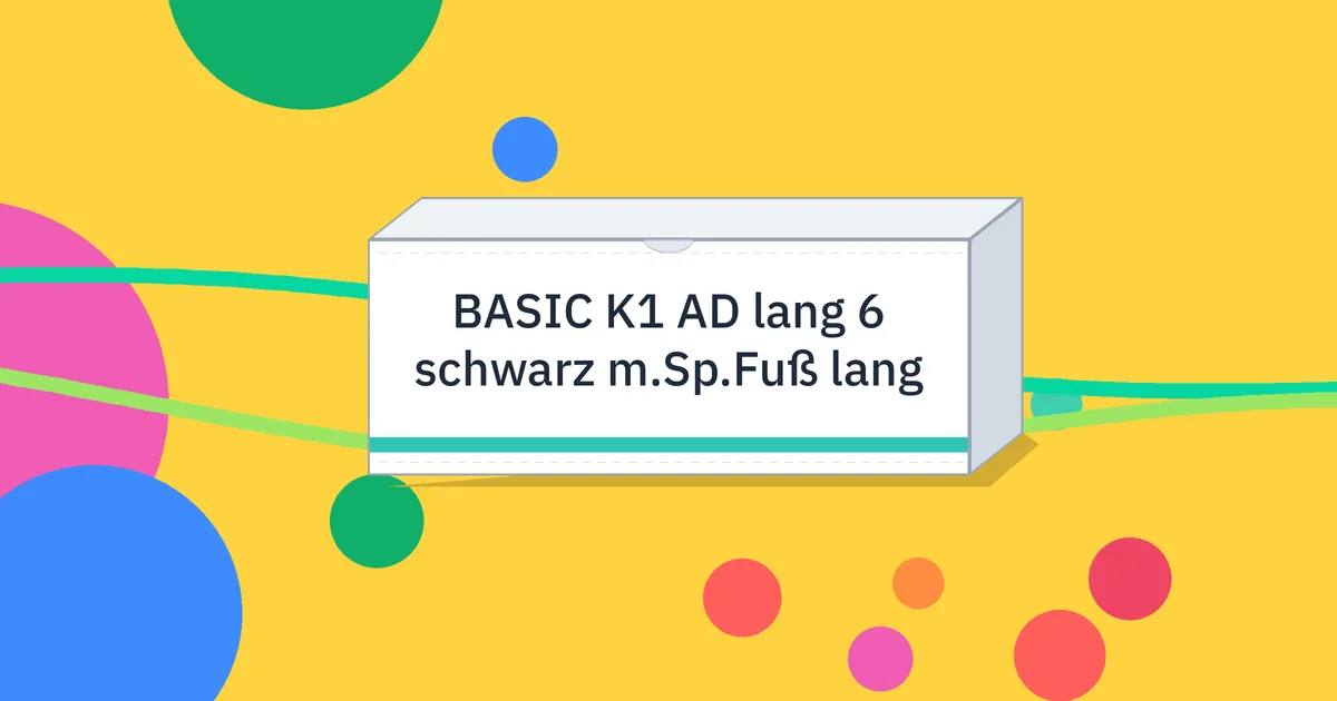 Symbolbild: Packung mit der Aufschrift BASIC K1 AD lang 6 schwarz m.Sp.Fuß lang (PZN 20259071) – Verfügbarkeit und Bezug in Apotheken in Frankfurt am Main