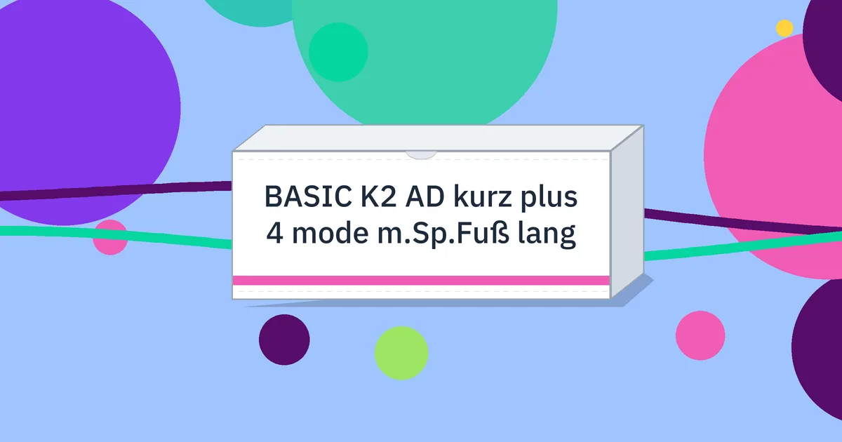 Symbolbild: Packung mit der Aufschrift BASIC K2 AD kurz plus 4 mode m.Sp.Fuß lang (PZN 20265114) – Verfügbarkeit und Bezug in Apotheken in Frankfurt am Main