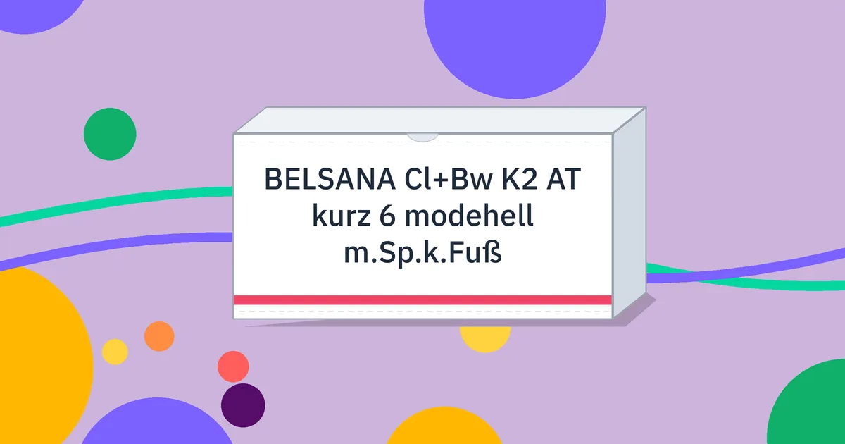 Symbolbild: Packung mit der Aufschrift BELSANA Cl+Bw K2 AT kurz 6 modehell m.Sp.k.Fuß (PZN 12253597) – Verfügbarkeit und Bezug in Apotheken in Frankfurt am Main