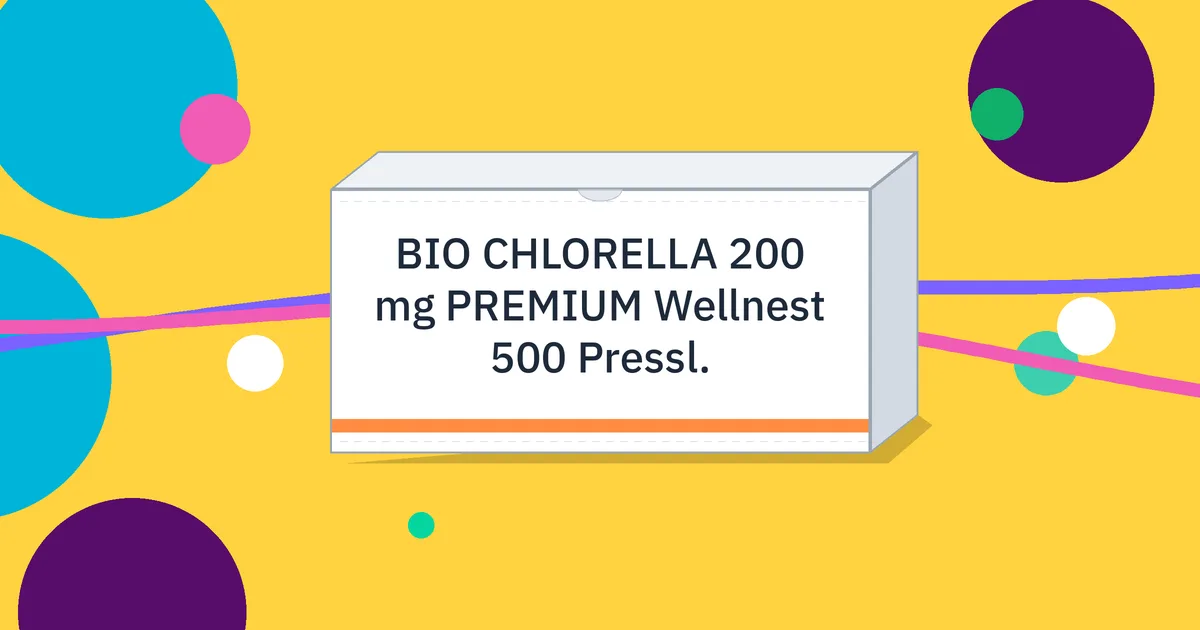 Symbolbild: Packung mit der Aufschrift BIO CHLORELLA 200 mg PREMIUM Wellnest 500 Pressl. (PZN 16686531) – Verfügbarkeit und Bezug in Apotheken in Frankfurt am Main