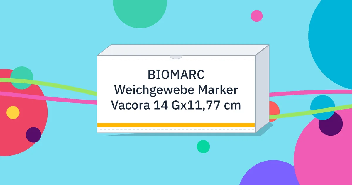 Symbolbild: Packung mit der Aufschrift BIOMARC Weichgewebe Marker Vacora 14 Gx11,77 cm (PZN 09523395) – Verfügbarkeit und Bezug in Apotheken in Frankfurt am Main