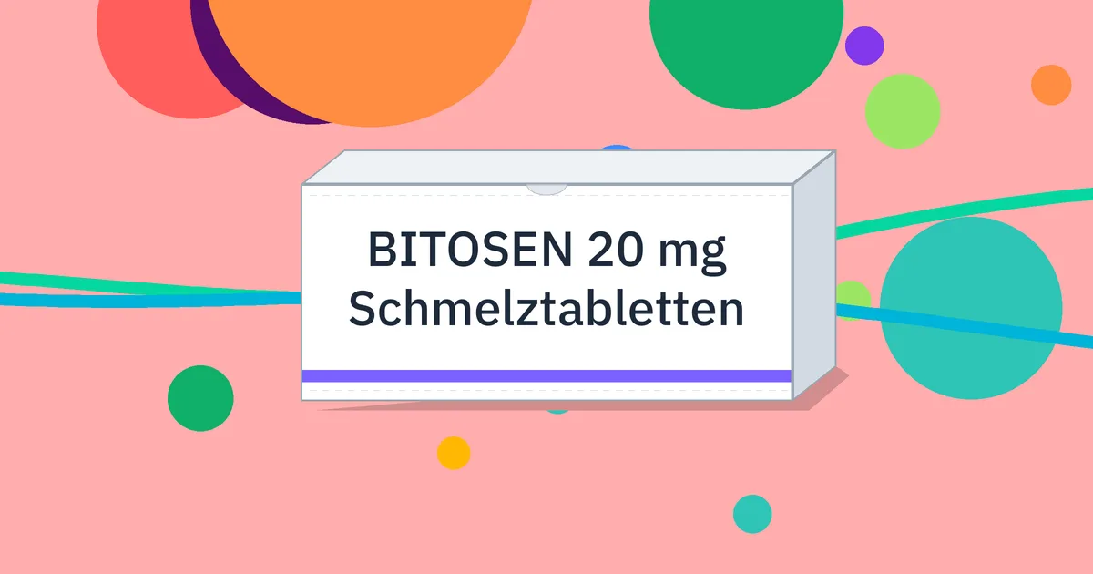 Symbolbild: Packung mit der Aufschrift BITOSEN 20 mg Schmelztabletten (PZN 18890537) – Verfügbarkeit und Bezug in Apotheken in Frankfurt am Main