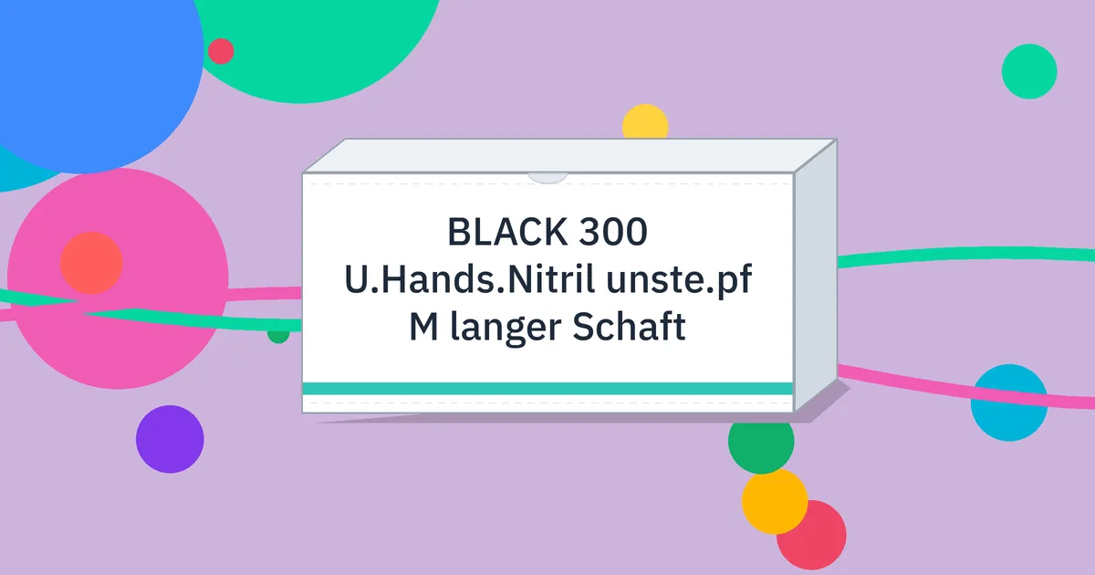 Symbolbild: Packung mit der Aufschrift BLACK 300 U.Hands.Nitril unste.pf M langer Schaft (PZN 18471912) – Verfügbarkeit und Bezug in Apotheken in Frankfurt am Main