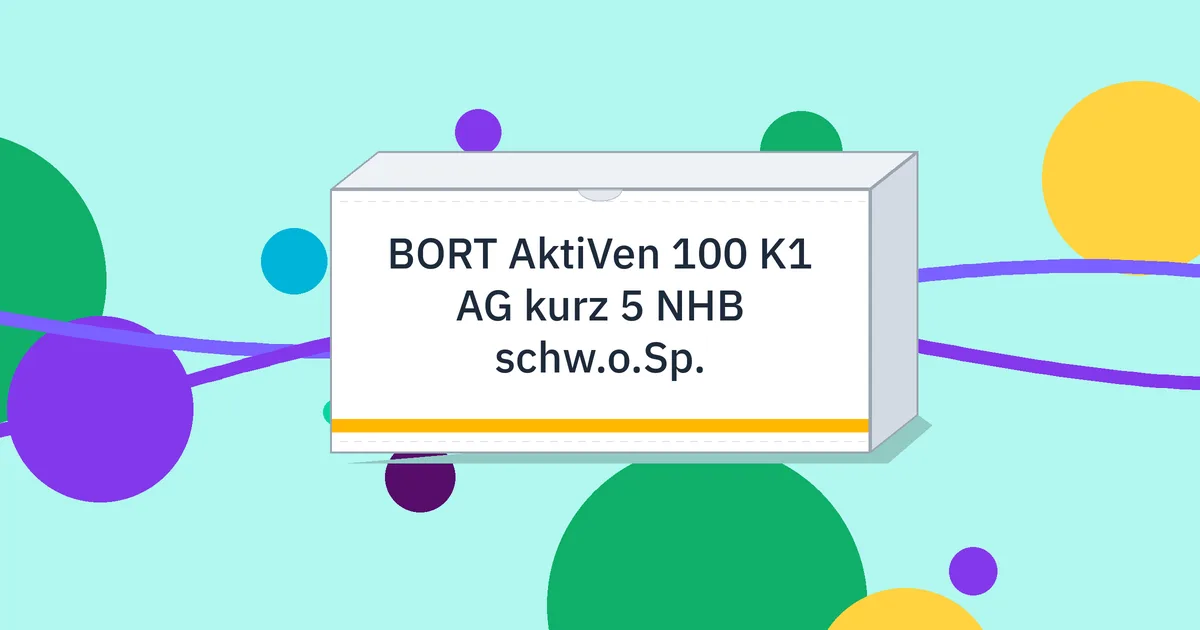 Symbolbild: Packung mit der Aufschrift BORT AktiVen 100 K1 AG kurz 5 NHB schw.o.Sp. (PZN 14387741) – Verfügbarkeit und Bezug in Apotheken in Frankfurt am Main
