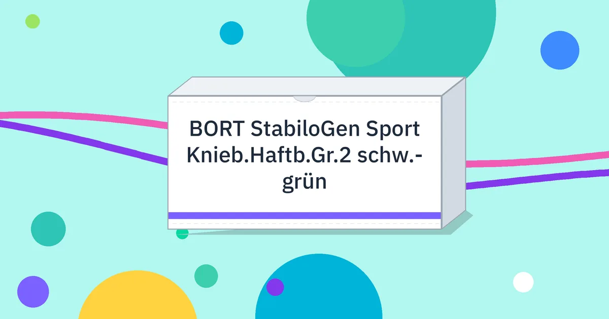 Symbolbild: Packung mit der Aufschrift BORT StabiloGen Sport Knieb.Haftb.Gr.2 schw.-grün (PZN 19111245) – Verfügbarkeit und Bezug in Apotheken in Frankfurt am Main