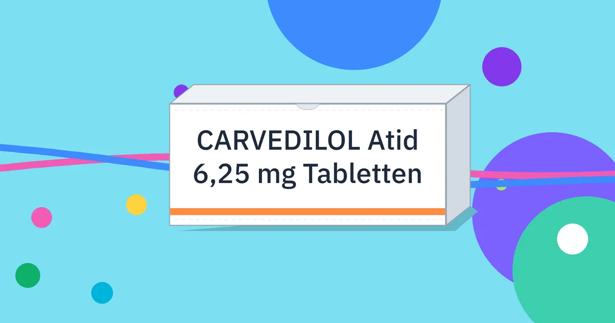 Symbolbild: Packung mit der Aufschrift CARVEDILOL Atid 6,25 mg Tabletten (PZN 00619320) – Verfügbarkeit und Bezug in Apotheken in Frankfurt am Main