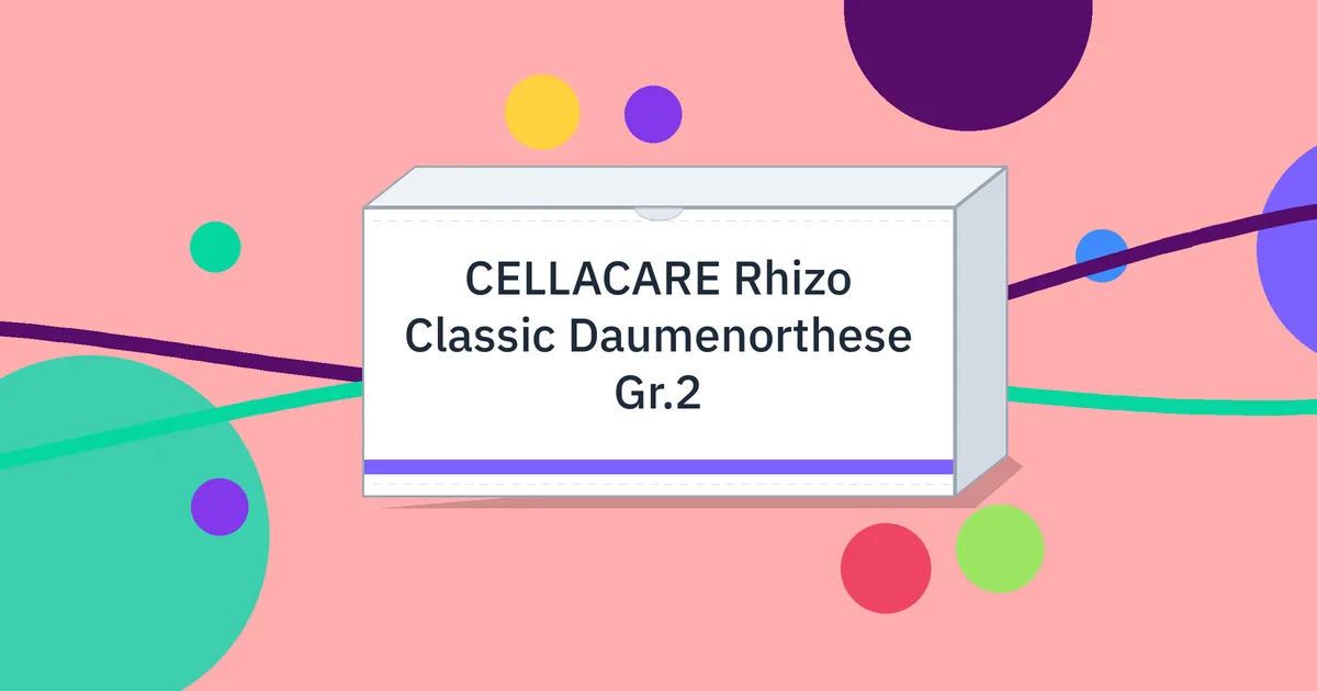 Symbolbild: Packung mit der Aufschrift CELLACARE Rhizo Classic Daumenorthese Gr.2 (PZN 15621713) – Verfügbarkeit und Bezug in Apotheken in Frankfurt am Main