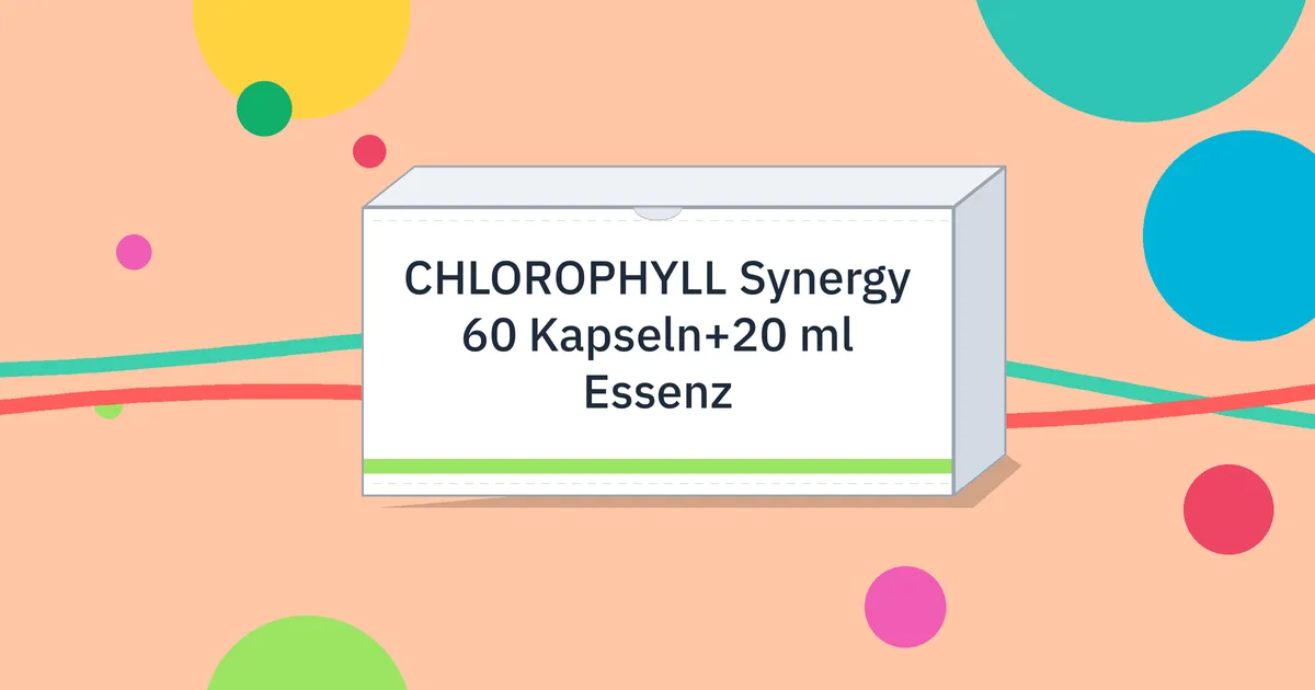 Symbolbild: Packung mit der Aufschrift CHLOROPHYLL Synergy 60 Kapseln+20 ml Essenz (PZN 02369703) – Verfügbarkeit und Bezug in Apotheken in Frankfurt am Main