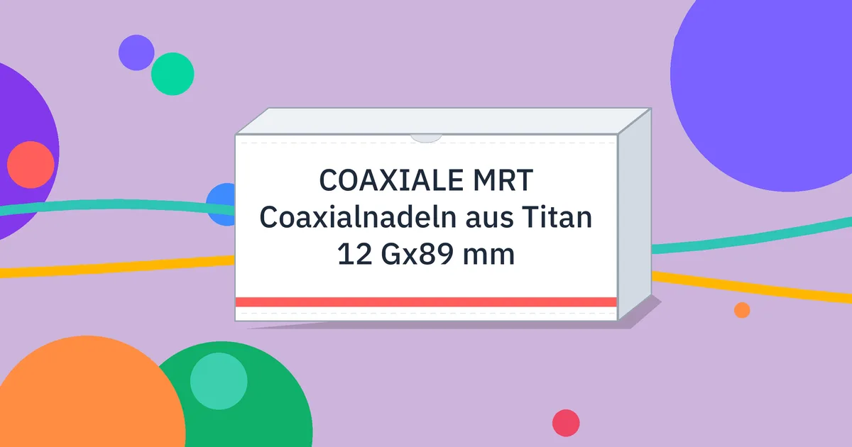 Symbolbild: Packung mit der Aufschrift COAXIALE MRT Coaxialnadeln aus Titan 12 Gx89 mm (PZN 03481299) – Verfügbarkeit und Bezug in Apotheken in Frankfurt am Main