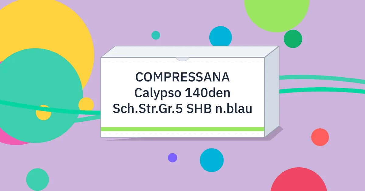 Symbolbild: Packung mit der Aufschrift COMPRESSANA Calypso 140den Sch.Str.Gr.5 SHB n.blau (PZN 11218446) – Verfügbarkeit und Bezug in Apotheken in Frankfurt am Main