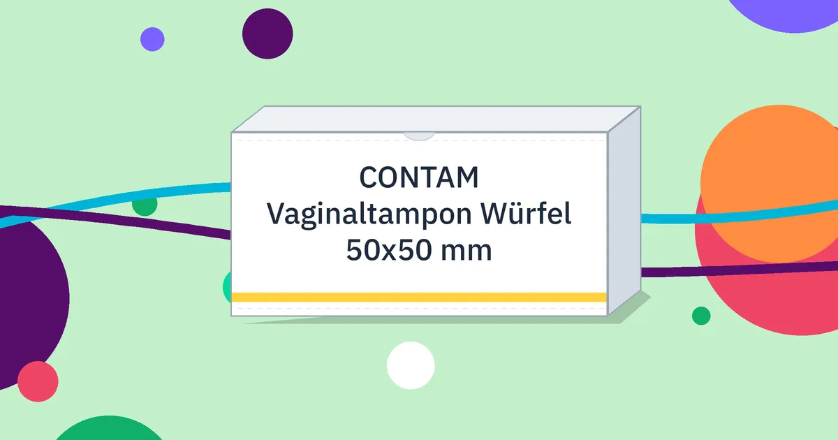 Symbolbild: Packung mit der Aufschrift CONTAM Vaginaltampon Würfel 50x50 mm (PZN 11615213) – Verfügbarkeit und Bezug in Apotheken in Frankfurt am Main