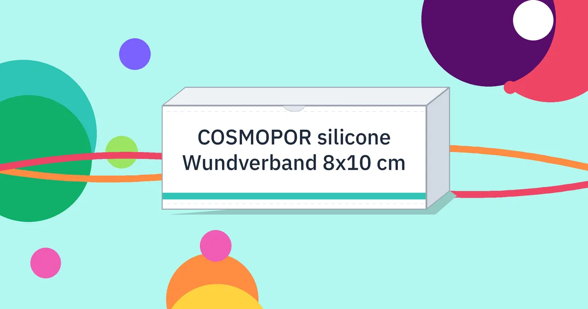 Symbolbild: Packung mit der Aufschrift COSMOPOR silicone Wundverband 8x10 cm (PZN 19215080) – Verfügbarkeit und Bezug in Apotheken in Frankfurt am Main