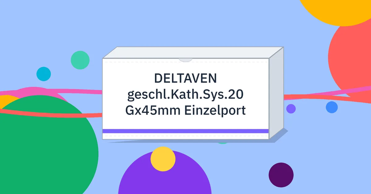 Symbolbild: Packung mit der Aufschrift DELTAVEN geschl.Kath.Sys.20 Gx45mm Einzelport (PZN 13977475) – Verfügbarkeit und Bezug in Apotheken in Frankfurt am Main