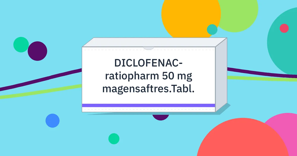 Symbolbild: Packung mit der Aufschrift DICLOFENAC-ratiopharm 50 mg magensaftres.Tabl. (PZN 07198241) – Verfügbarkeit und Bezug in Apotheken in Frankfurt am Main
