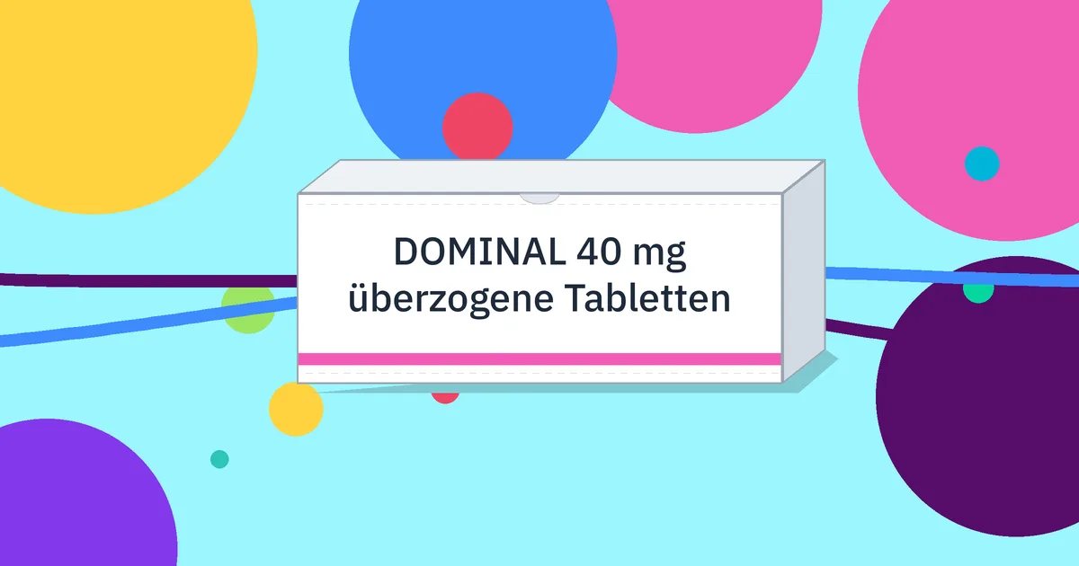 Symbolbild: Packung mit der Aufschrift DOMINAL 40 mg überzogene Tabletten (PZN 14179534) – Verfügbarkeit und Bezug in Apotheken in Frankfurt am Main