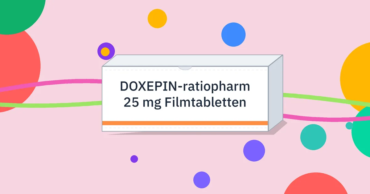 Symbolbild: Packung mit der Aufschrift DOXEPIN-ratiopharm 25 mg Filmtabletten (PZN 00772369) – Verfügbarkeit und Bezug in Apotheken in Frankfurt am Main