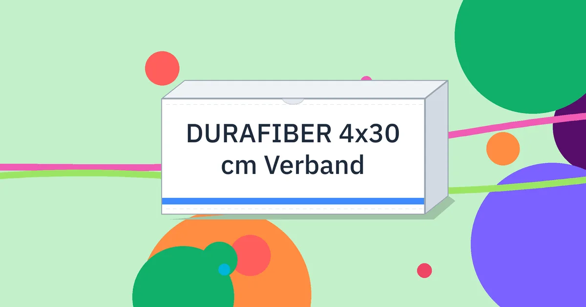 Symbolbild: Packung mit der Aufschrift DURAFIBER 4x30 cm Verband (PZN 00976540) – Verfügbarkeit und Bezug in Apotheken in Frankfurt am Main