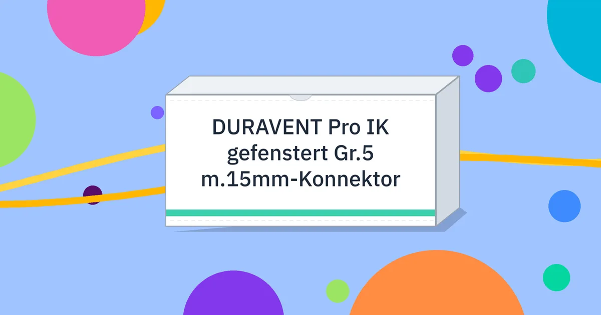 Symbolbild: Packung mit der Aufschrift DURAVENT Pro IK gefenstert Gr.5 m.15mm-Konnektor (PZN 19243797) – Verfügbarkeit und Bezug in Apotheken in Frankfurt am Main