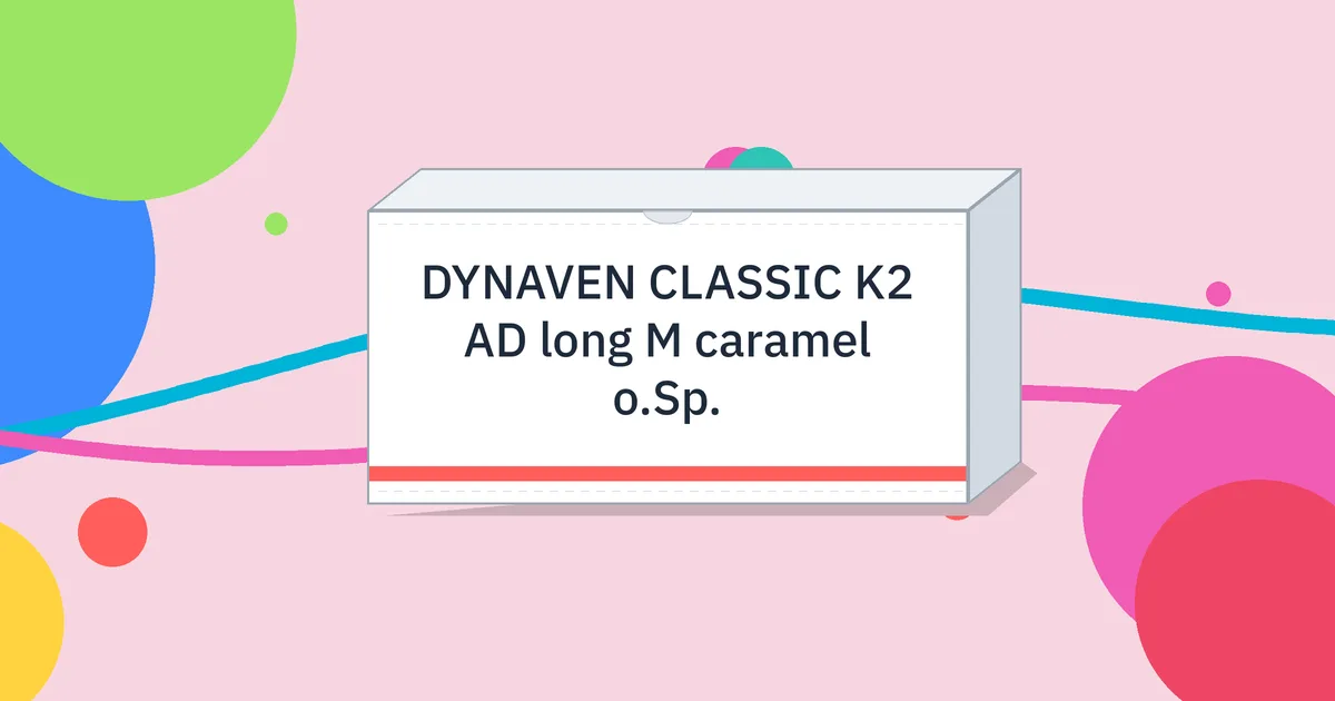 Symbolbild: Packung mit der Aufschrift DYNAVEN CLASSIC K2 AD long M caramel o.Sp. (PZN 18417261) – Verfügbarkeit und Bezug in Apotheken in Frankfurt am Main