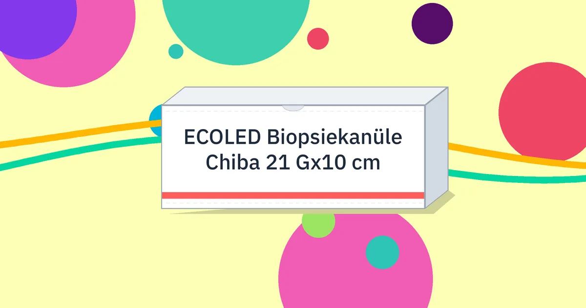 Symbolbild: Packung mit der Aufschrift ECOLED Biopsiekanüle Chiba 21 Gx10 cm (PZN 06125754) – Verfügbarkeit und Bezug in Apotheken in Frankfurt am Main