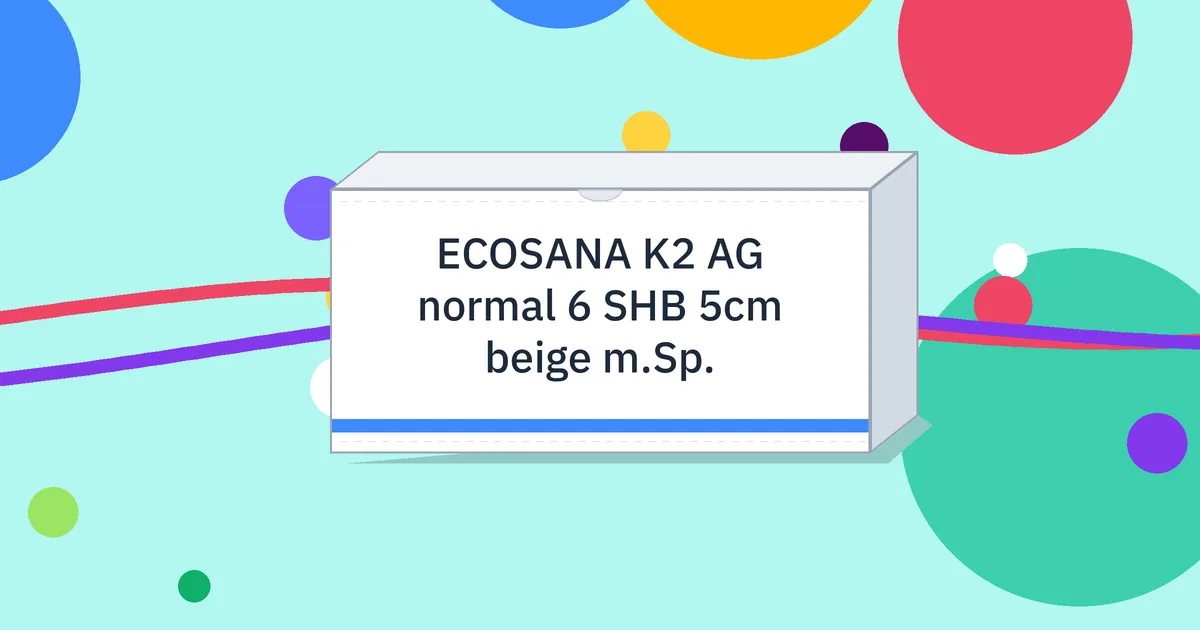 Symbolbild: Packung mit der Aufschrift ECOSANA K2 AG normal 6 SHB 5cm beige m.Sp. (PZN 01501276) – Verfügbarkeit und Bezug in Apotheken in Frankfurt am Main