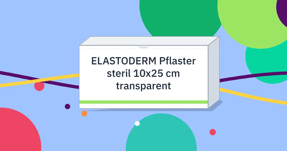 Symbolbild: Packung mit der Aufschrift ELASTODERM Pflaster steril 10x25 cm transparent (PZN 19389012) – Verfügbarkeit und Bezug in Apotheken in Frankfurt am Main